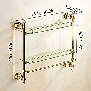 Floating Shelves Double Glass Shelf,Antique Shower Room Kitchen Storage Rack,Durable,Convenient to Clean The Bath Towel Rack (Color : Gold)