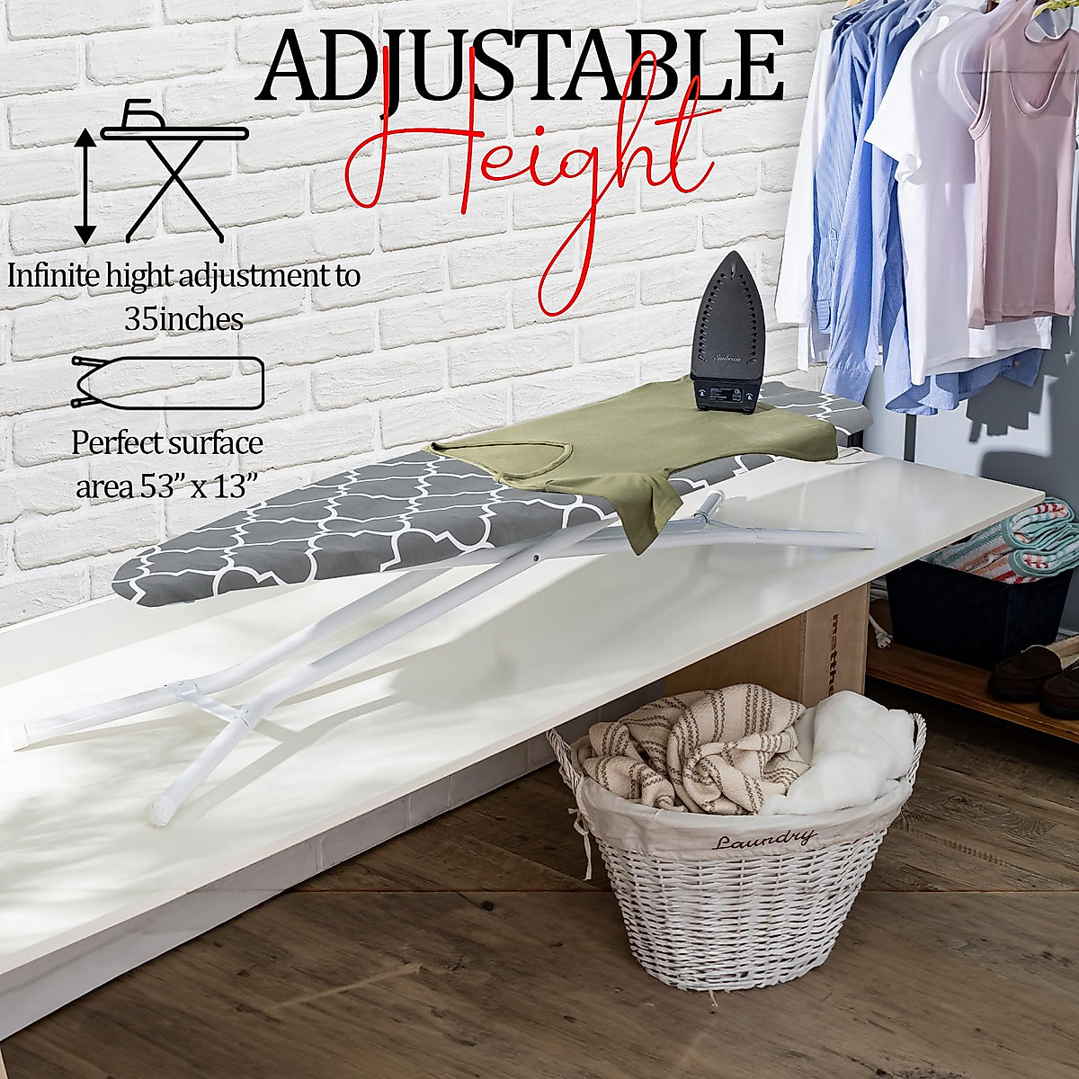 Tidy Zebra Compact Ironing Board Full Size MADE IN THE USA – 4 LEG Extra Durable & Sturdy Ironing Boards with Thick Iron Board Cover – Foldable Ironing Board for Easy Storage Height Adjustable (13x53)