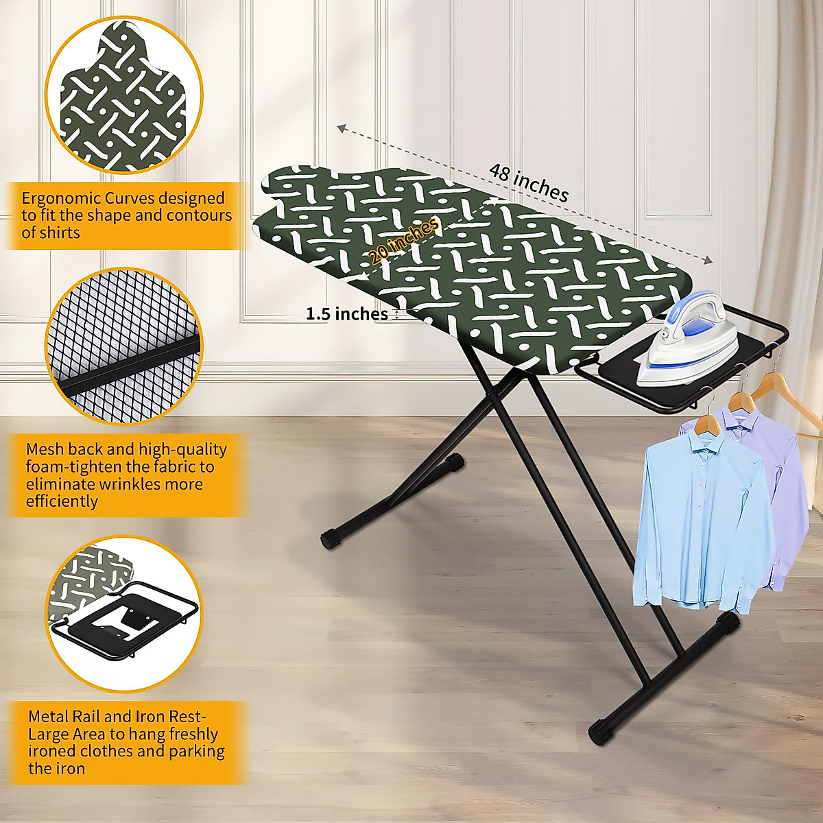 SLIETON Extra Large Ironing Board with Large Hang Rail and Iron Rest in 63" L x 20" W (with Iron Rest)