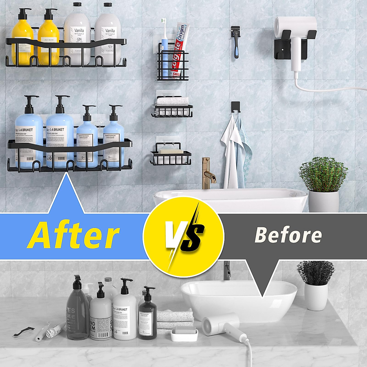 B-Land Shower Caddy 8 Pack, Large Capacity Shower Shelves Strong Adhesive Shower Organizer for Bathroom,No Drilling Rustproof Stainless Steel Bathroom Organizer with Hooks