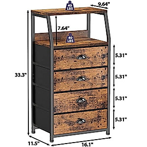 Furologee Fabric Dresser with 4 Drawers and Shelves, Industrial Lightweight Storage Unit Organizer for Entryway, Bedroom, Nightstand, Office, Kitchen (Rustic Brown)