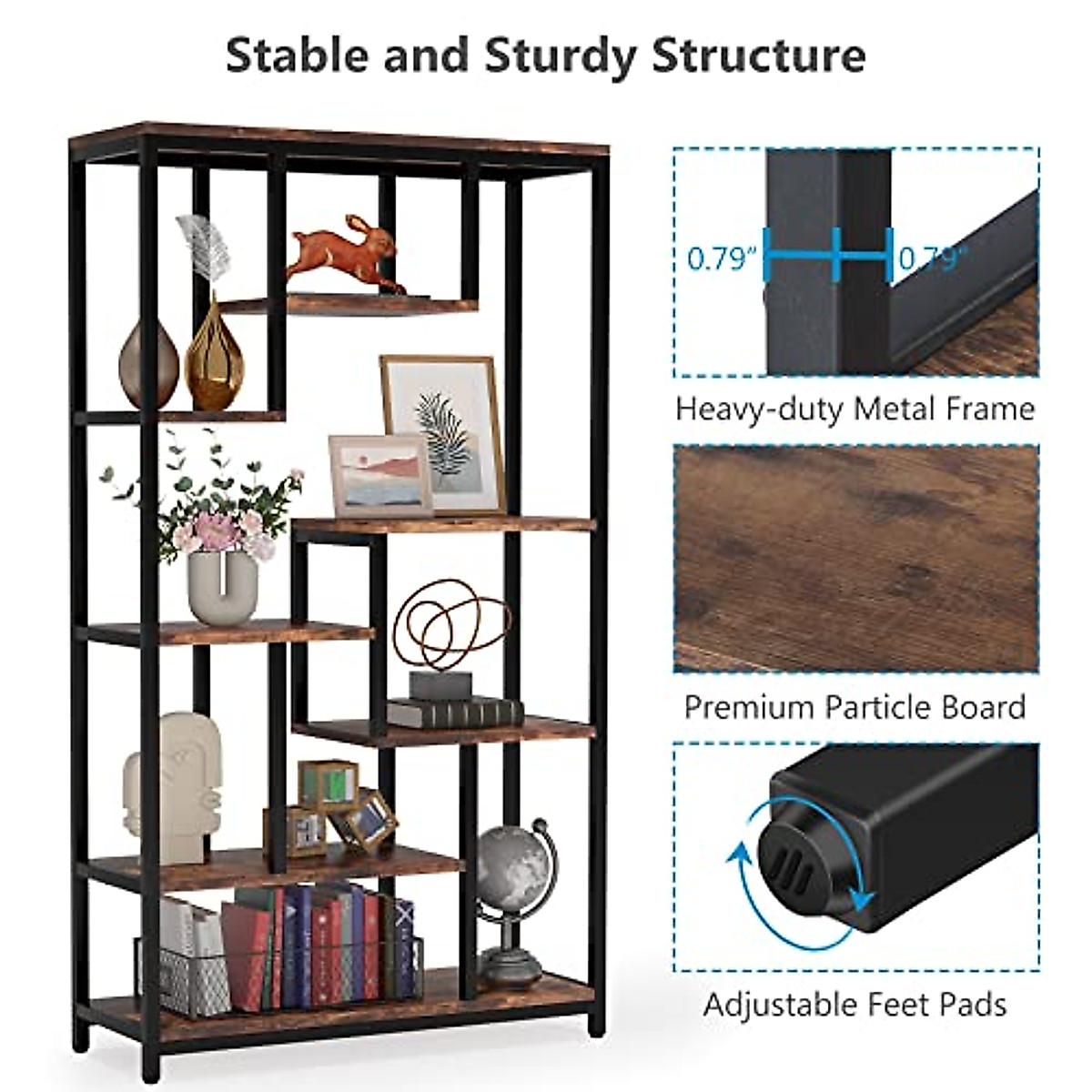 LITTLE TREE 70.8 Inches Tall Bookshelf, Industrial Bookcase for Home Office, Rustic Brown 8-Shelves Wood and Metal Frame Display Shelf Open Storage Organizer Shelves