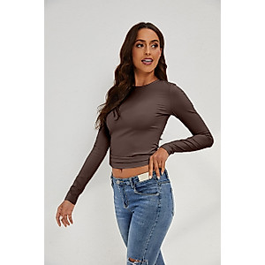 KAMISSY Women’s Workout Long Sleeve Yoga Basic Tee Shirt Casual Round Neck Slim Athletic Running Solid T-Shirt Top Coffee