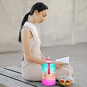 QuiFit Motivational Gallon Water Bottle - with Straw & Time Marker BPA Free Large Reusable Sport Water Jug with Handle for Fitness Outdoor Enthusiasts Leak-Proof (Green/Pink,1 gallon)