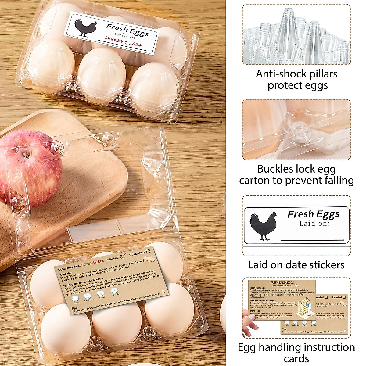 baflovga Egg Cartons Cheap Bulk 100 Pack, Eggs 6 Count, Plastic Egg Cartons Reusable with Egg Handling Instructions and Stickers, Half Dozen Eggs for Family, Chicken Farm, Market Display, 2x3Grids