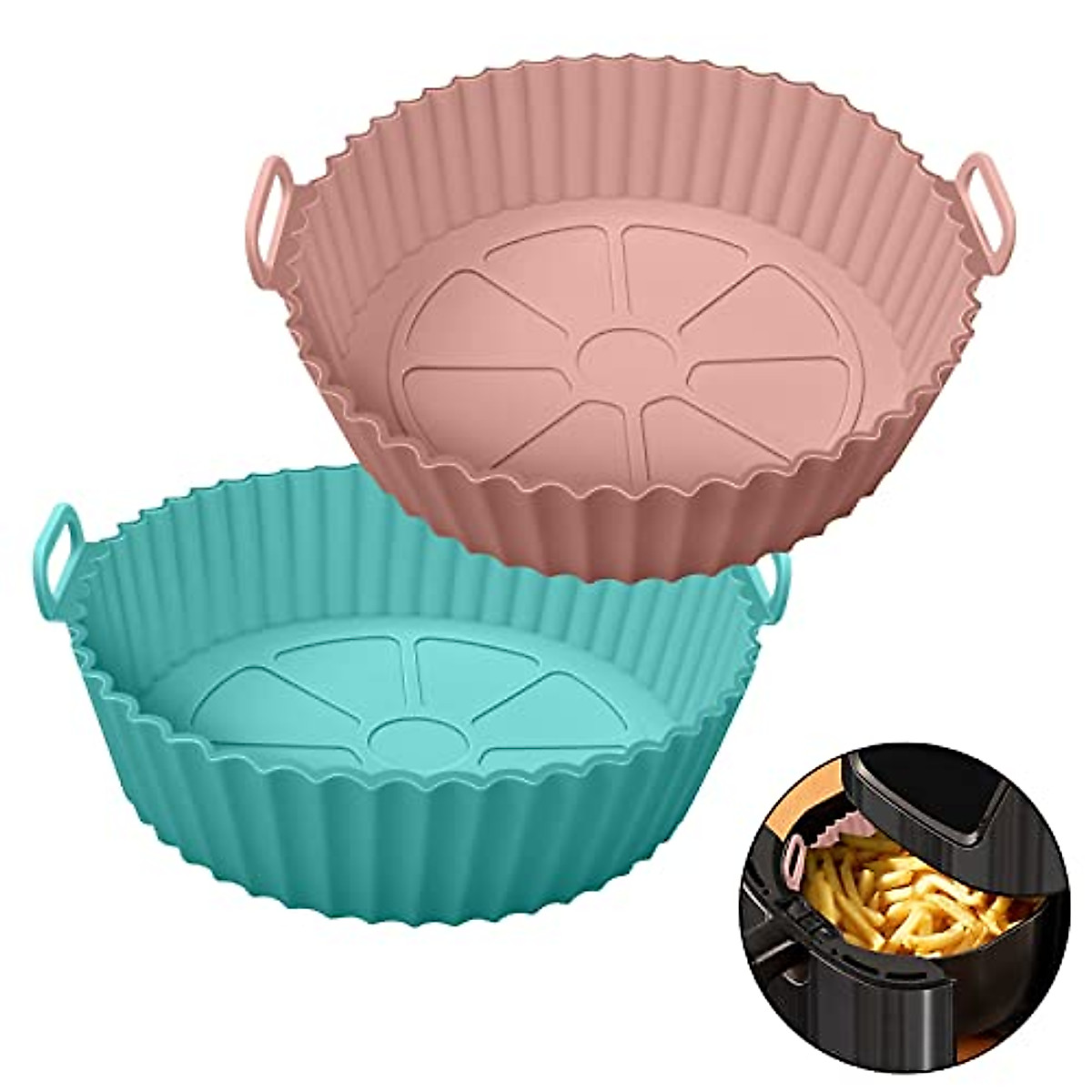 Air Fryer Silicone Pot, XIILSIE 2Pcs Round Food Safe Non Stick Air Fryer Basket Accessories, Reusable Replacement of Flammable Parchment Liner Paper Fits 3QT - 5QT Air Fryer