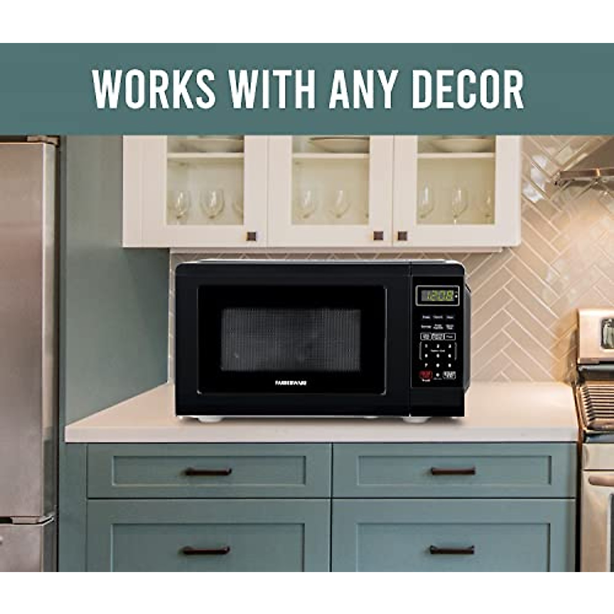 Farberware Compact Countertop Microwave Oven 0.7 Cu. Ft. 700-Watt with LED Lighting, Child Lock, Easy Clean Grey Interior, Retro Black