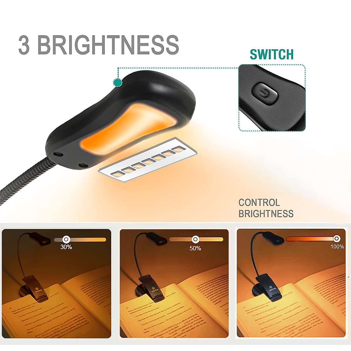 Vekkia Amber Rechargeable 7 Led Eye-Care Book Light,Blue Light Blocking Reading Light,3 Levels,1600K for Strain-Free, Healthy Eyes.Up to 70 Hours Reading for Bookworms.