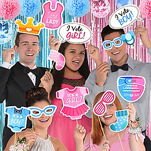 124 Pcs Gender Reveal Decorations Kit, Gender Reveal Party Supplies with 36'' Gender Reveal Balloon Boy OR Girl Foil Balloon Paper Pompoms Tablecloth Photo Props for Gender Reveal Party Decorations