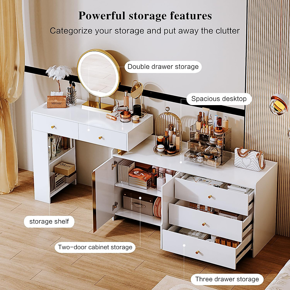 Vanity desk with mirror and lights, 3 Color Touch Screen,Modern Retractable Makeup Dressing Table with Adjustable Cabinet and 5 Sliding Drawers,Vanity Table Set ,Writing Desk Bedroom Essential,White