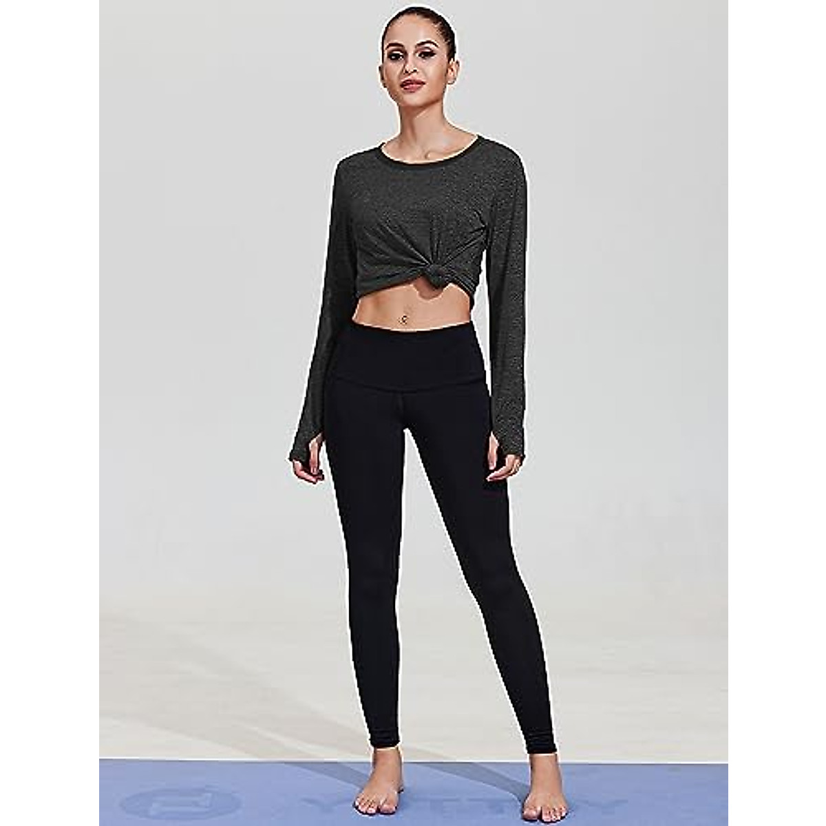 PINSPARK Long Sleeve Workout Tops for Women Yoga Shirts Moisture Wicking Gym Top Athletic Clothes with Thumbholes Black L