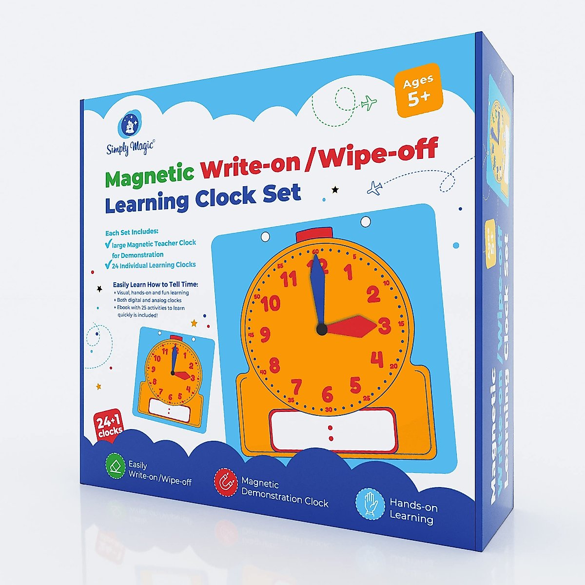 Simply magic 24+1 Learning Clock for Kids - Classroom Clock Set, Magnetic Demonstration Clock, Teaching Clock, Learning Clocks for Kids to Tell Time, Interactive Clock for Kids, Clock Manipulatives