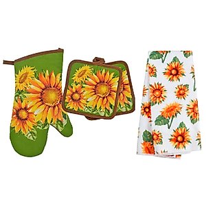 TopNotch Outlet Sunflower Decor - Potholder Towel Linen Set of 4 Pieces Sunflower Design Includes 1 Kitchen Towel 2 Potholders 1 Oven Mitt - Linen Sunflower Set - Kitchen Decor