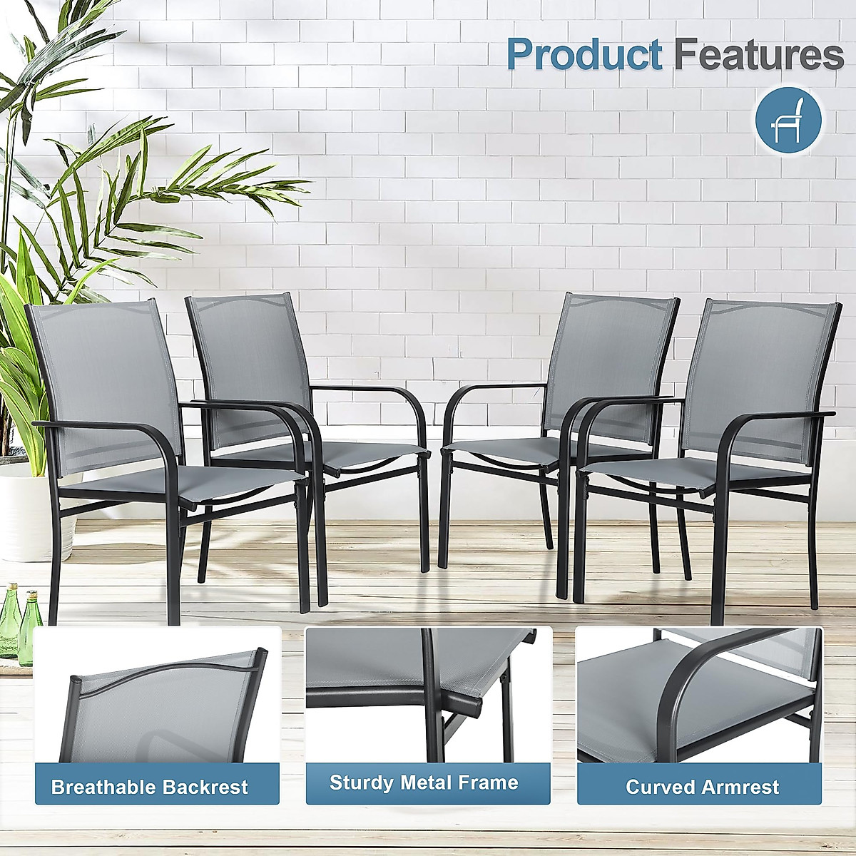 Crownland Outdoor Wrought Iron Dining Chairs Set of 6, Patio Textilene Dining Chair with High Backrest, Metal Frame Furniture Chairs with Armrests for Yard, Deck, Backyard, Lawn, Poolside (Grey)