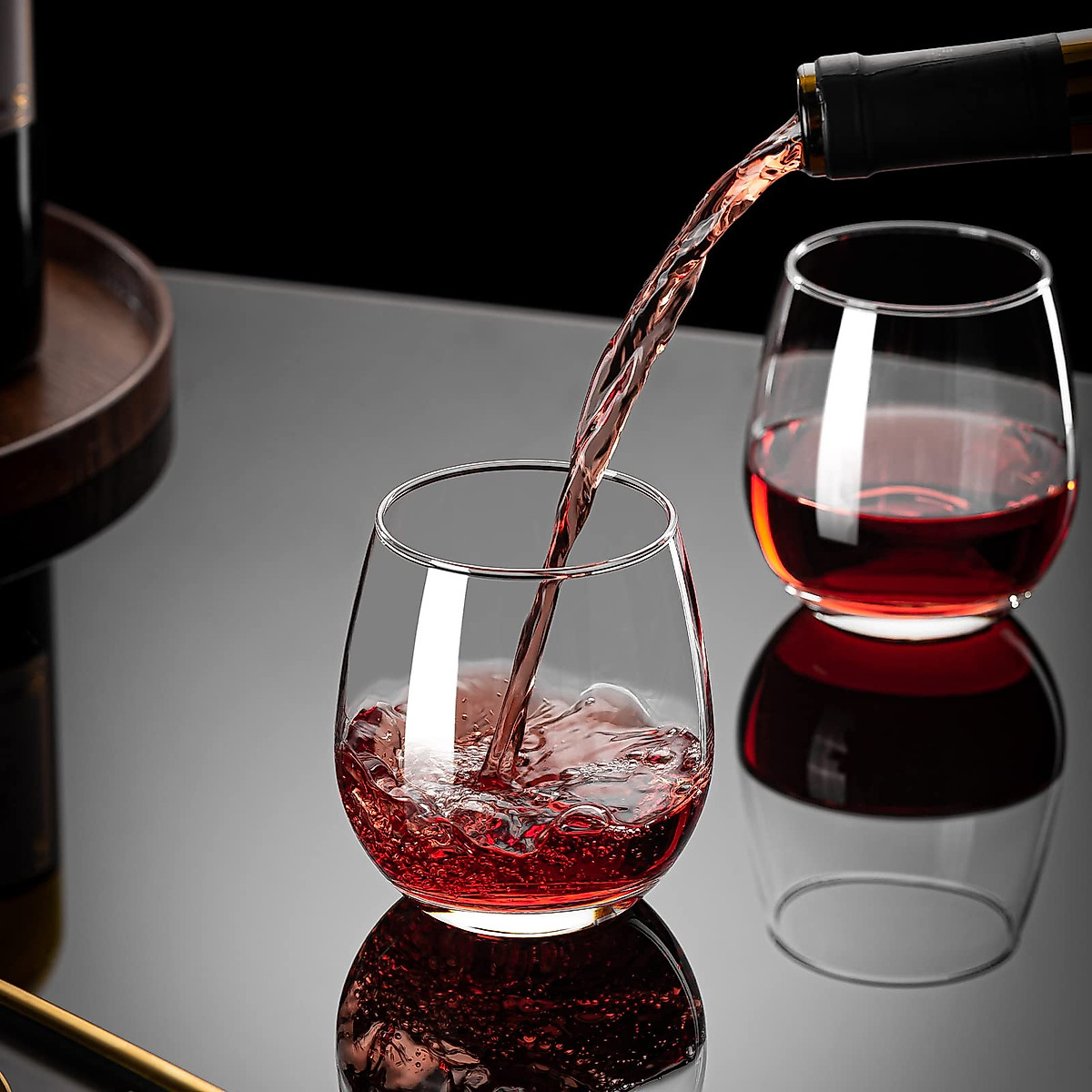 eventpartener Stemless Wine Glasses, 15 oz Crystal Wine Glasses Set of 6 wtih 2 Wine Bottle Stoppers, Drinking Glasses, Smooth Rim Wine Elegant Glass Tumbler for Red and White Wine, Cocktail, Juice