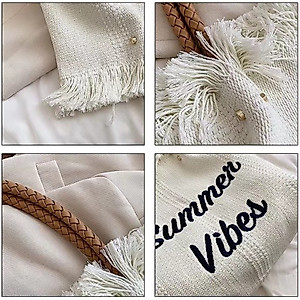 WEIIYONN Large Beach Bag Tote Bag for Women Summer Vibe Shoulder Bag with Tassels Aesthetic Handbag for Vacation Holidays (White)