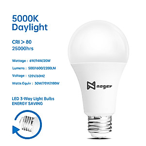 Noger 3-Way Led Light Bulbs A21 4 Pack, 3 Way Light Bulbs 50 100 150W Equivalent, 5000K Daylight, 3 Way E26 Light Bulbs for Reading, 500-1600-2200LM