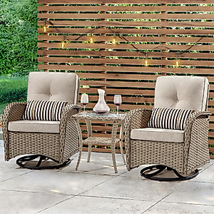 MeetLeisure Patio Swivel Glider Wicker Chairs - Outdoor Swivel Rocking Chairs Set of 2 with Wicker Side Table, Outdoor Swivel Rocker Chair Set 3 Piece Patio Furniture Set(Natural Color/Beige)