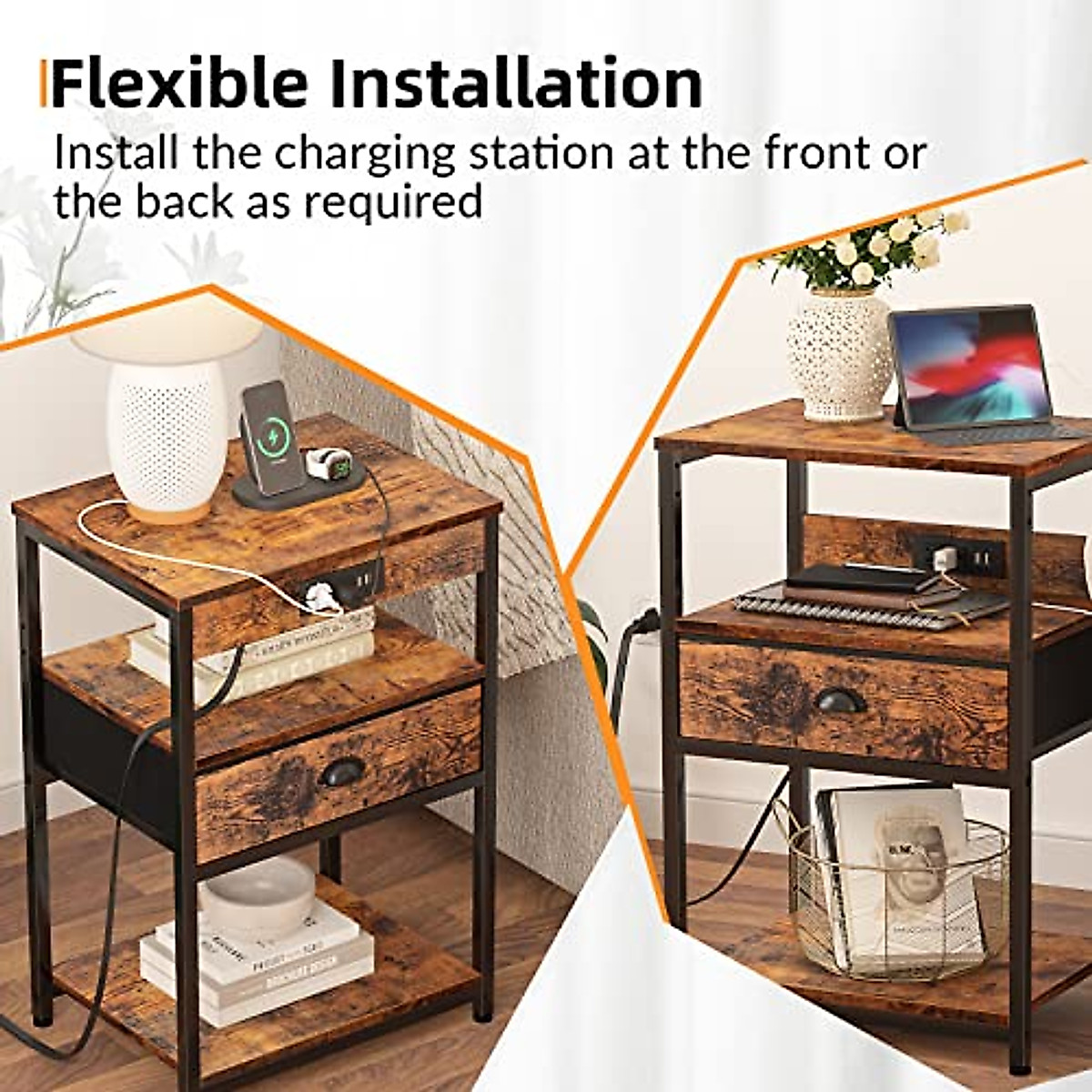Furologee Nightstand Set of 2 with Charging Station, End Table with USB Ports&Power Outlets, 6-Tier Bookshelf, Tall Rustic Bookcase with 2 Drawers Storage Organizer