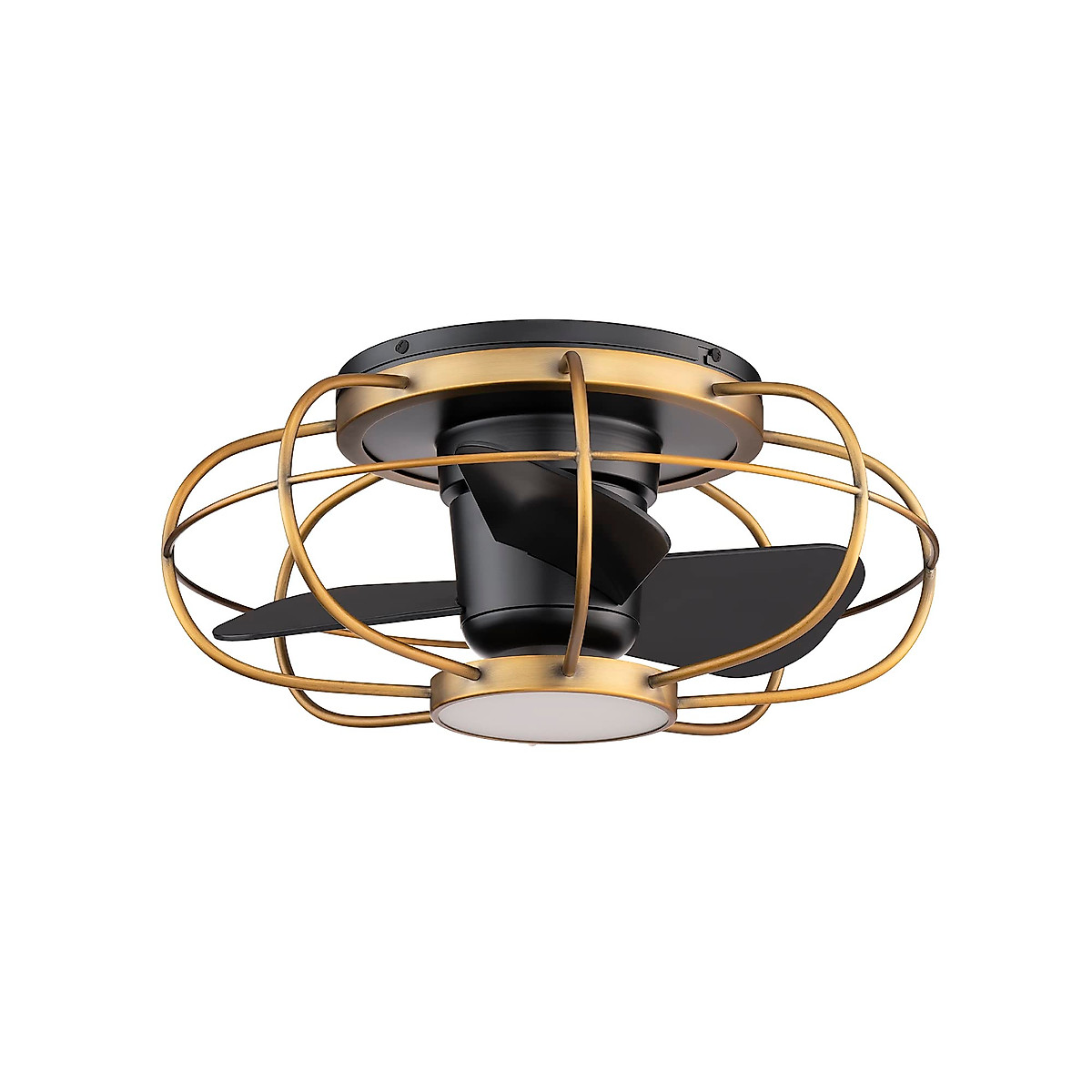 WAC Smart Fans Aella Indoor and Outdoor 3-Blade Caged Flush Mount Smart Home Ceiling Fan 22in Aged Brass Matte Black with 3000K LED Light Kit and Remote Control works with Alexa and iOS or Android App
