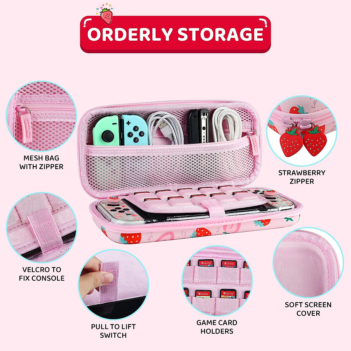 FANPL Cute Carry Case Bundle for Nintendo Switch OLED 2021, Cover Accessories Set with Pink Strawberry Travel Bag, Glitter Strawberry PC Shell, Adjustable Shoulder Strap, Thumb Grips, Screen Protector