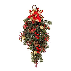 Sempoda Artificial Christmas Teardrop Swag, 21.7in Christmas Wreath with Bow & Red Berries & Xmas Ball, Winter Hanging Pine Leaves Garland for Home Party Wall Window Holiday Wedding Door Decor