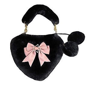 Cute Heart Shape Handbag Faux Fur Clutch Purse Crossbody Bag Plush Small Chain Shoulder Bag for Women Ladies (Black and pink)