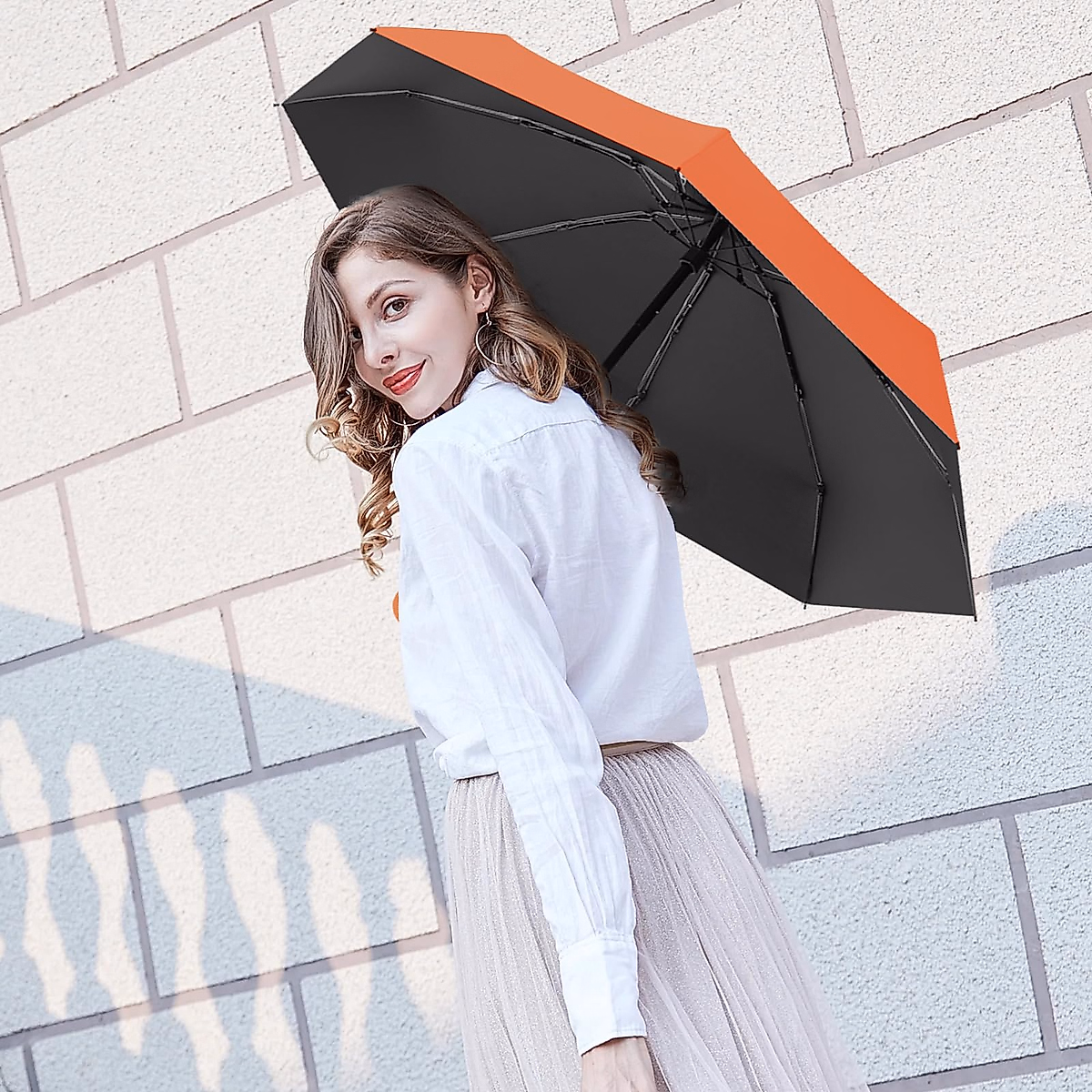 Trenovo Travel Mini Folding Compact Umbrella With Case - 8 Ribs Lightweight Portable for Sun & Rain, Small Pocket for Girls and Women - Orange