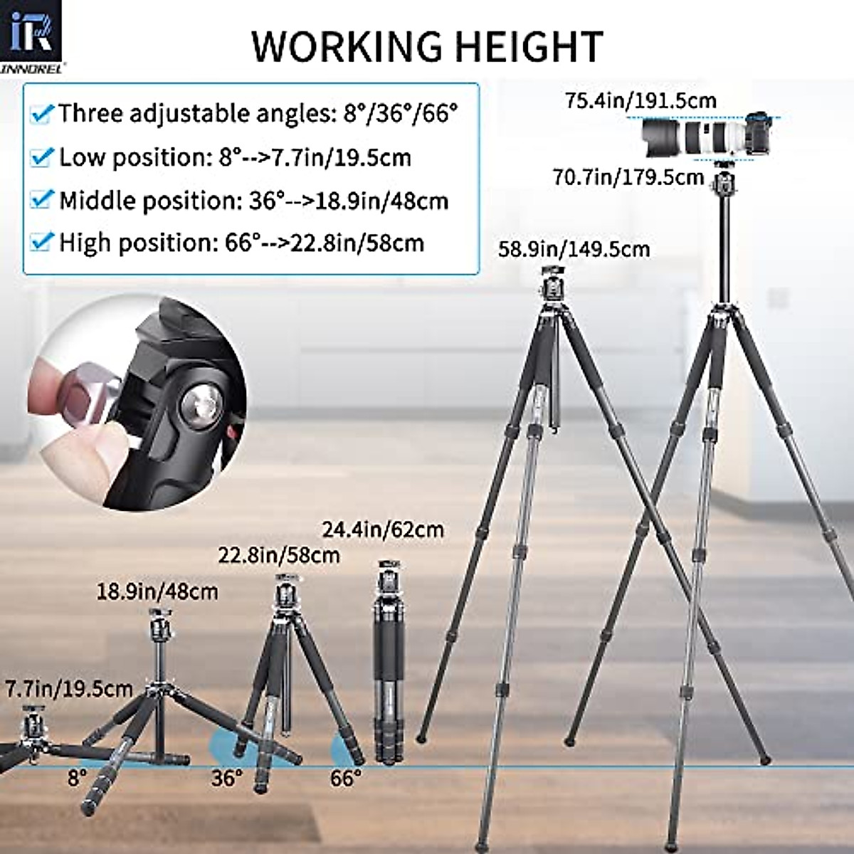 Carbon Fiber Tripod-INNOREL GT324C Professional Compact Tripod for DSLR Camera Heavy Duty Stand with Low Gravity Center Ball Head Special-Shaped Center Column Max Load 55lbs/25kg