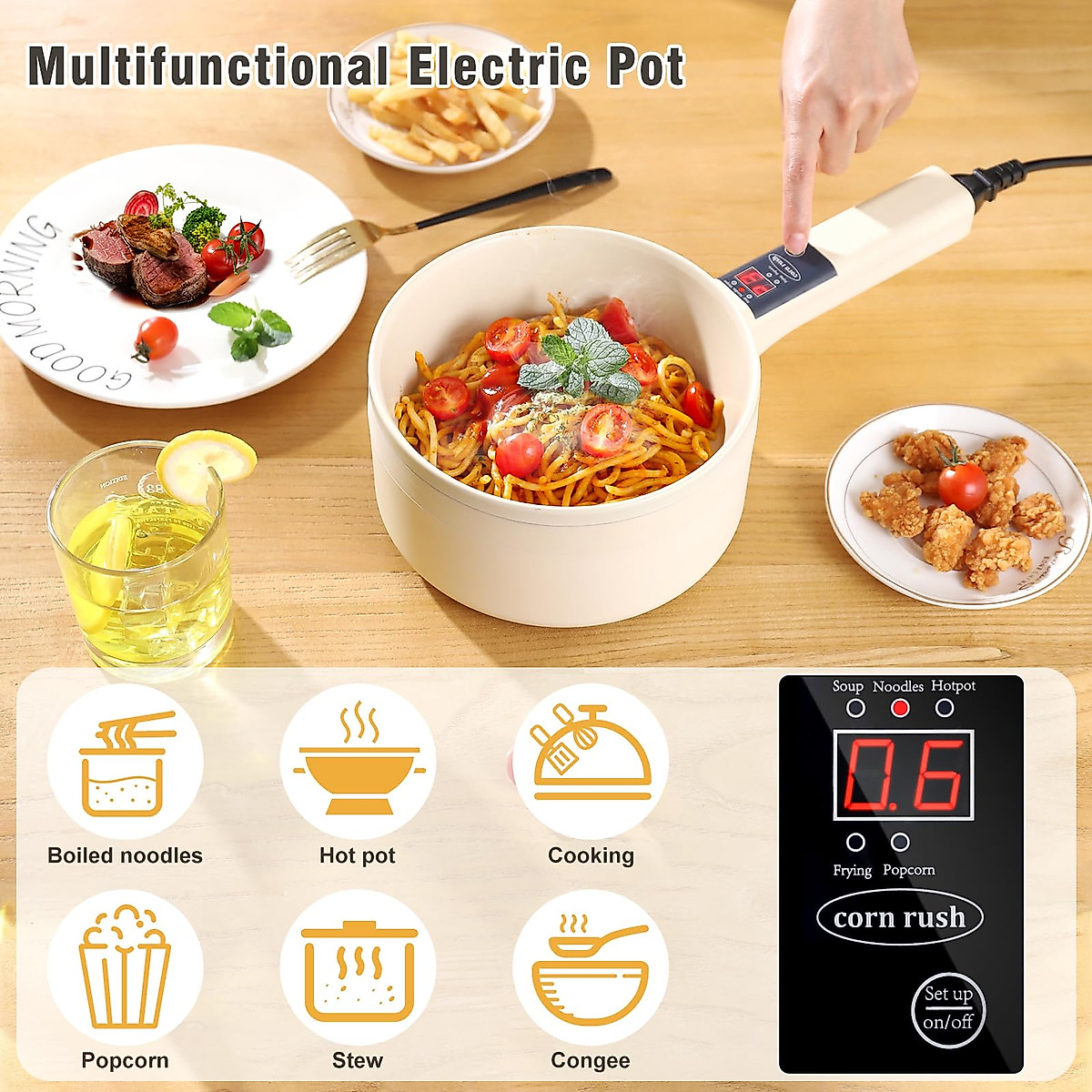 Multifunctional Electric Hot Pot Cooker, Upgraded Non-Stick Stainless Steel 1L Mini Portable Lazy Pot Popcorn Ramen Maker for Steak Egg Soup Travel with Long Handle Power Adjustment milky white