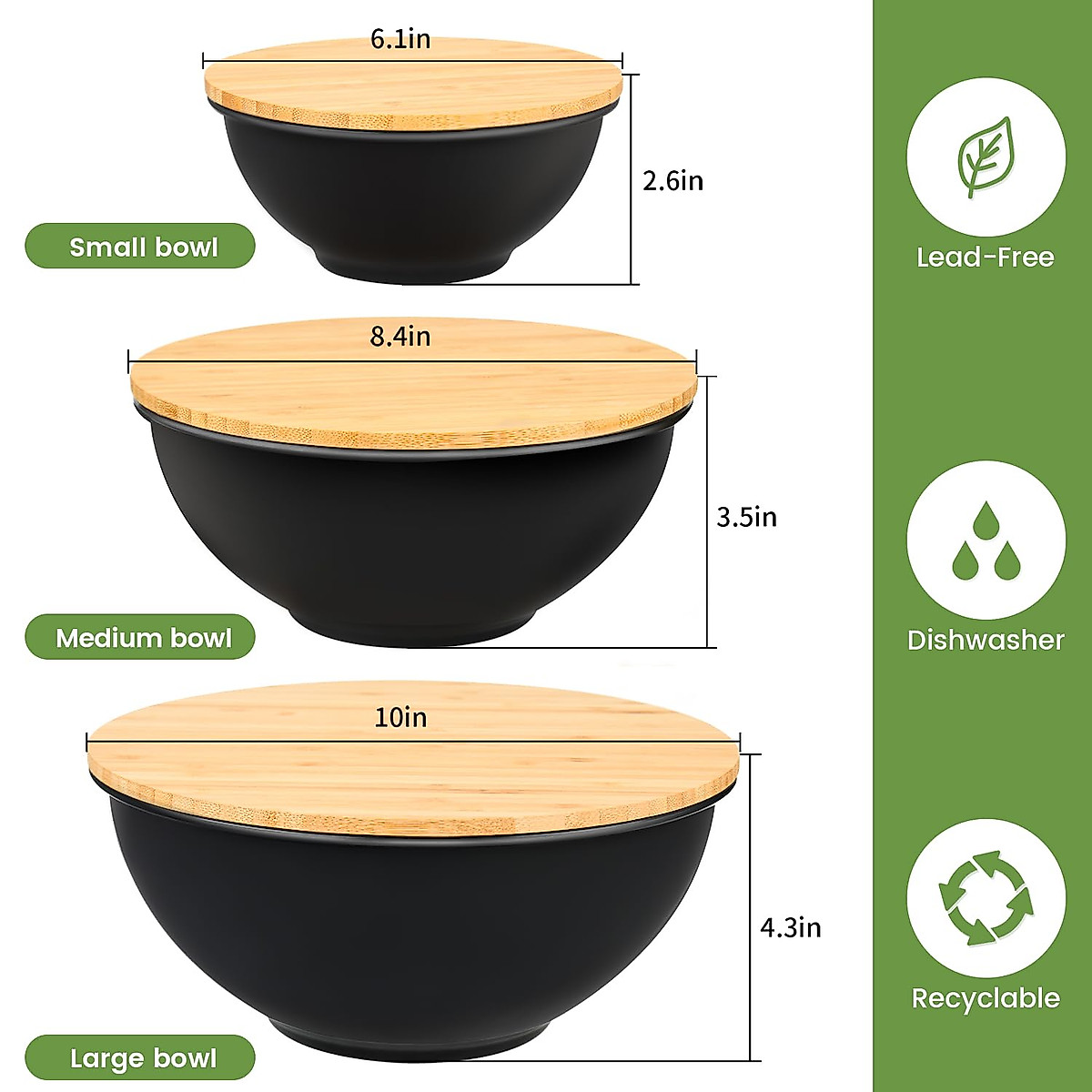 GEHE Salad Bowl with Lid, 10" Large Mixing Bowls with Lids Set, Bamboo Salad Bowl Set of 3, Salad Serving Bowl Set for Salad, Fruits, Pasta, Popcorn, Chips, Vegetables and Dishwasher Safe
