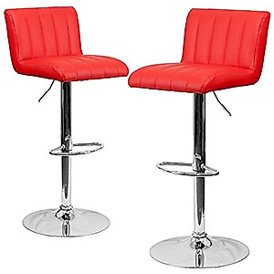 Contemporary Bar Stool Vertical Line Design Hydraulic Adjustable Height 360-Degree Swivel Seat Sturdy Steel Frame Chrome Base Dining Chair Bar Pub Stool Home Office Furniture - Set of 2 Red #1983