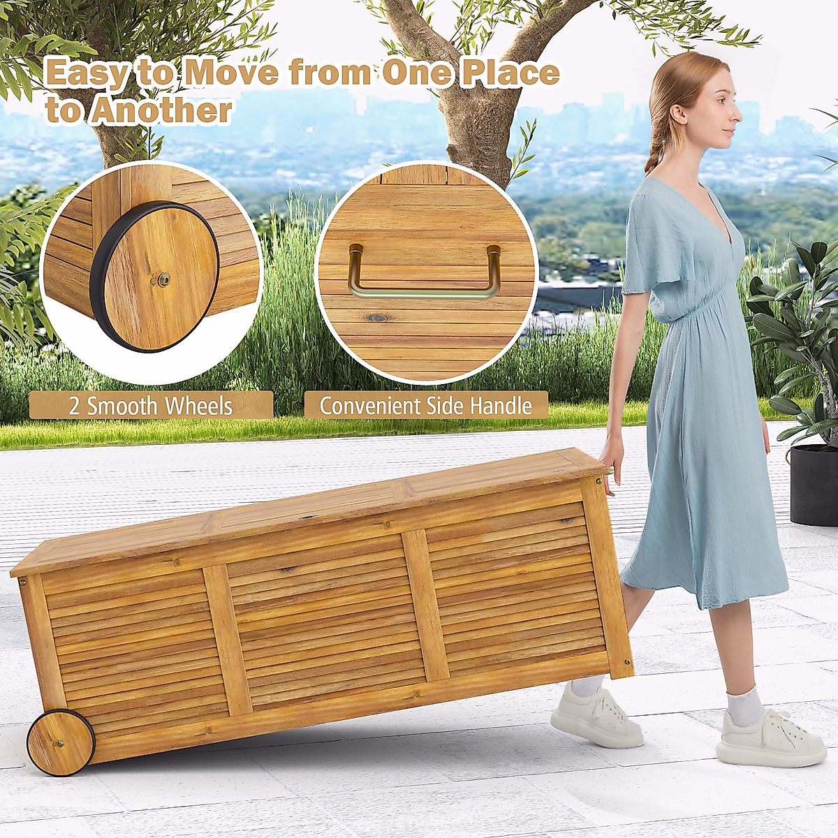 Tangkula 48 Gallon Outdoor Storage Box with Wheels, Portable Patio Acacia Wood Deck Box, with Side Handle, Waterproof Cover, for Patio, Balcony, Poolside, Garden (Natural)