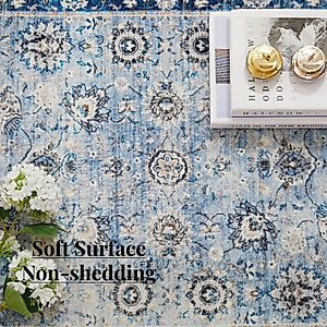 Floralux Hallway Runner Rug 2x6 Washable Distressed Area Rugs Non-Slip Laundry Soft Fuzzy Floral Boho Entryway Laundry Room Kitchen Bathroom (2'x6', Blue)