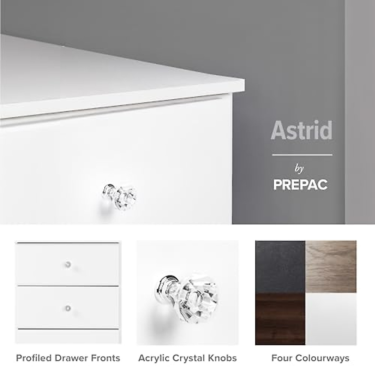 Prepac Astrid 6 Drawer Double Dresser for Bedroom with Crystal Knobs, Wide Chest of Drawers, Bedroom Furniture, Clothes Storage and Organizer, 15.5" D x 47.5" W x 26.85" H, White