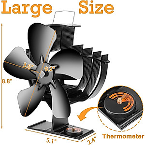 CWLAKON Wood Stove Fan 60° Oscillating Large Size, 5 Blades Heat Powered Stove Fan, Silent Eco Stove Top Fans with Thermometer, Non Electric Fireplace Fan for Gas, Pellet, Wood Burning Stove