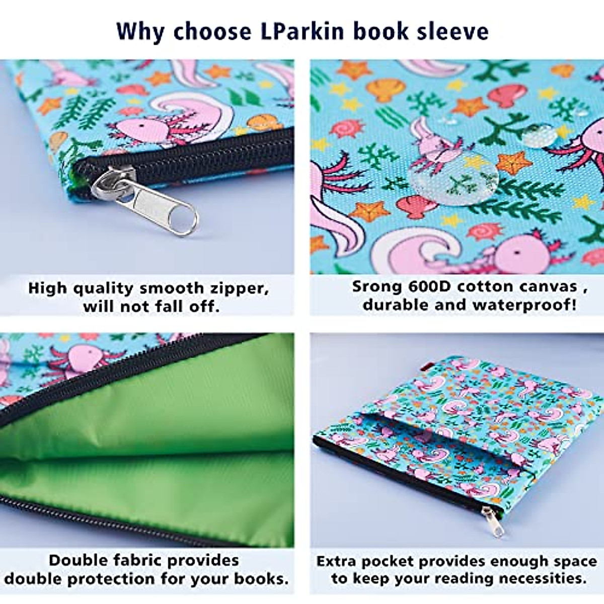 Axolotl Gifts Book Sleeve with Zipper and Front Pocket, Book Covers for Paperback, 11 x 8.5 Inch, Book Lovers Gifts