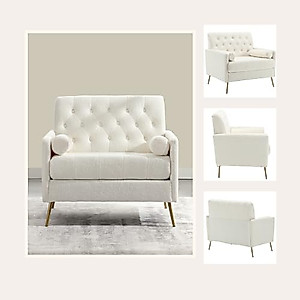 Guyou Modern Accent Chair, White Sherpa Upholstered Tufted Armchair Reading Chair Sofa Chair with Removable Cushion and Gold Legs for Living Room Bedroom Office Chatting Room