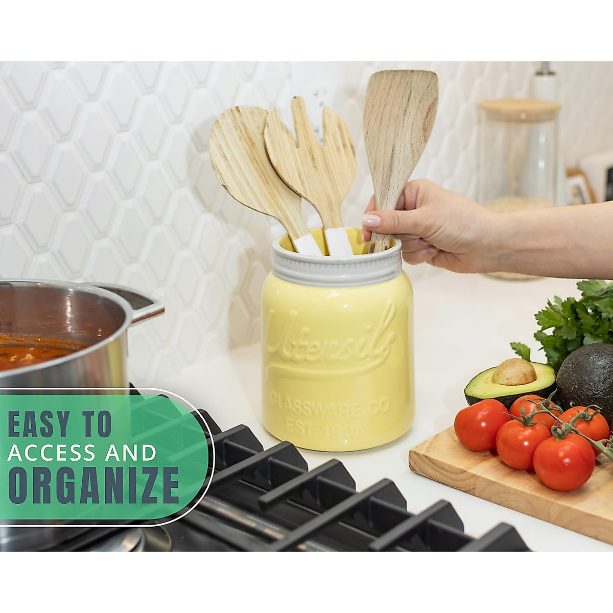 Wide Mouth Mason Jar Utensil Holder Decorative Kitchenware Organizer Crock, Chip Resistant Ceramic, Dishwasher Safe - Kitchen Caddy Green, Large Size 7" High - Yellow