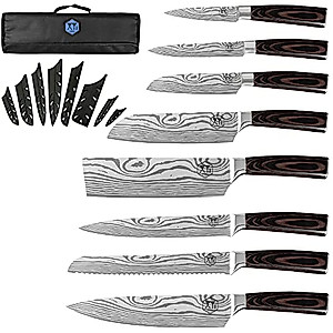 XYJ Set of Knives 8-pieces Stainless Steel Kitchen Knife Vegetable Nakiri Knife Meat Ham Steak Bread Slice Knives With Carry Roll Bag Chef Tools Set (Coffee)