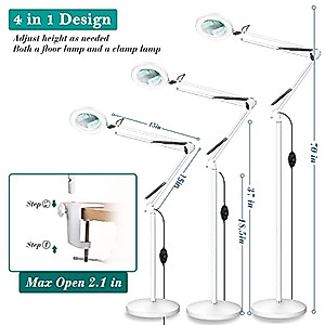 TOMSOO 4-in-1 Magnifying Glass with Light, White/Warm White Lighted Magnifier Lens - Adjustable Swivel Arm Full Spectrum LED Magnifying Floor Lamp with Clamp for Reading, Crafts, Close Work (White)