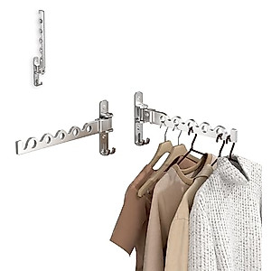 Dr.DJ Wall Hanger for Clothes, Coat Hanger Wall Mounted Silver Retractable Clothes Drying Organizer Rack Garment Hooks Aluminium Folding Indoor Wall Wall Hanger Space Save (2 Racks)