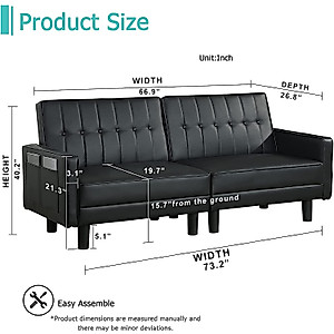 OQQOEE Futon Sofa Bed Modern Faux Leather Upholstered Convertible Folding Lounge Couch- Loveseat Sofa Sleeper with Adjustable Backrest and Side Pockets for Compact Living Space (Black)