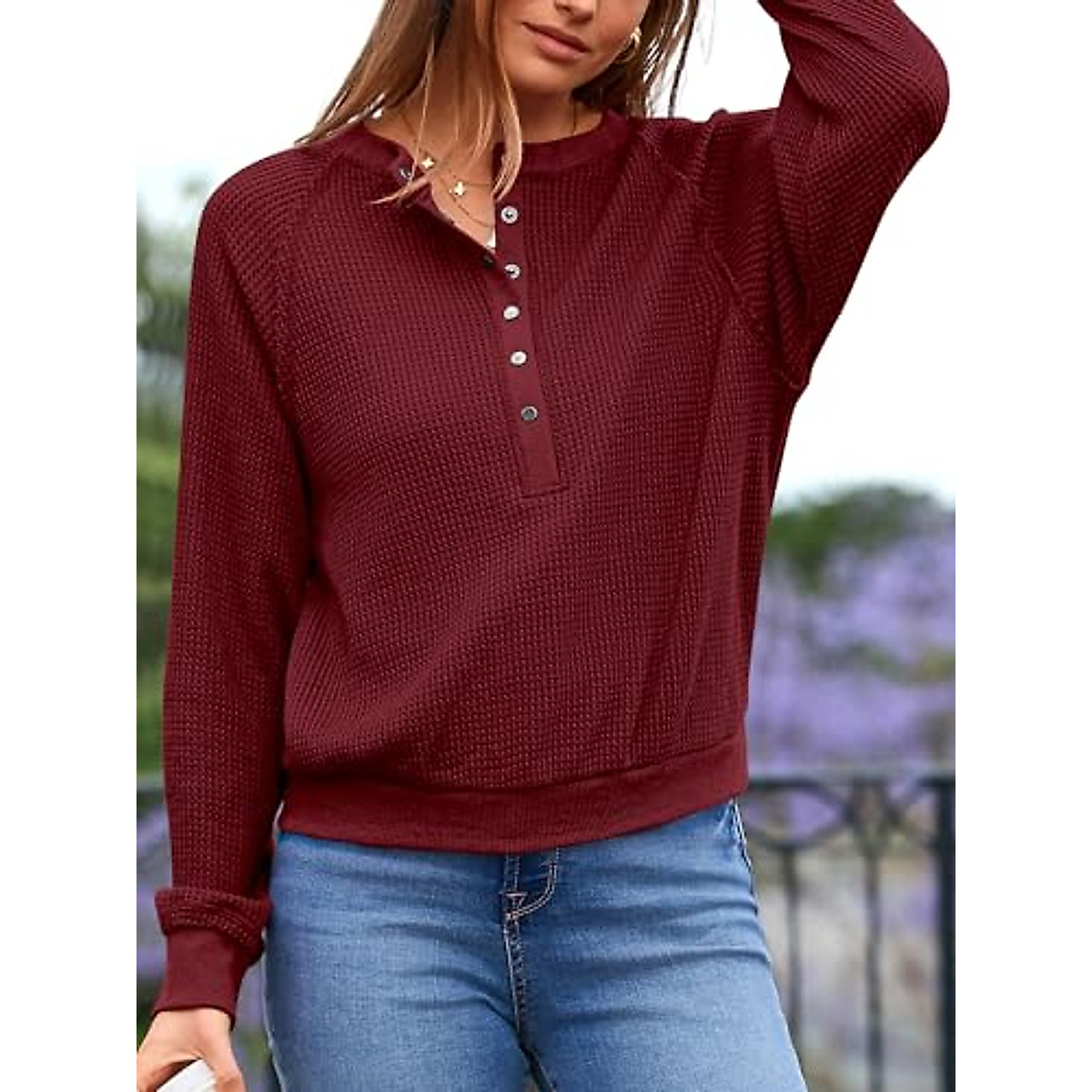 PRETTYGARDEN Women Drop Shoulder Long Sleeve Sweatshirt Fall v Neck Oversized Crop Pullover Winter Waffle Knit Henley Tops Button Down Shirt (Jujube Red, XX-Large)