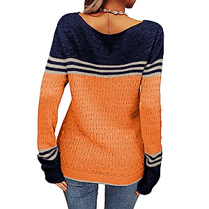 Danedvi Women Autumn Winter Colorblock Pullover Sweaters Round Neck Striped Slim Fitting Knitwear Tops Orange