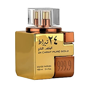 24 Carat EDP - 100 ML (3.4 oz) I Classic combination of Oudh, roses and vanilla I Incense, Amber, Leather, Musk, & Vanilla I Very Strong Smell I Powerful Arabic Attar perfume I by Lattafa (24 Carat Pure Gold)