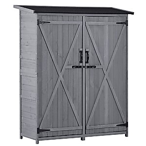 5.3ftHx4.6ftL Outdoor Wood Storage Shed Garden Storage Cabinet Waterproof Asphalt Roof Double Lockable Doors 3-Tier Shelves Gray