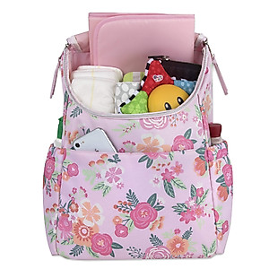 Multi-Function Floral Diaper Backpack and Travel Nappy Baby Bag with Changing Pad and Stroller Straps (Pink Floral)