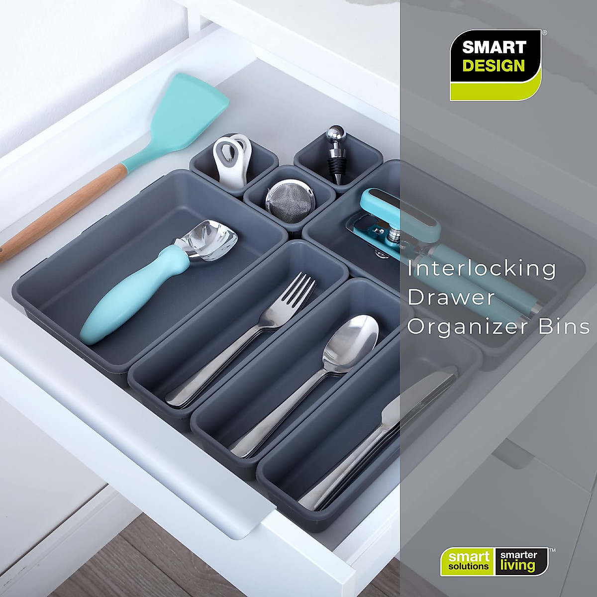 Smart Design Interlocking Drawer Organizer - 8 Piece Set - BPA Free - Utensils, Flatware, Office, Personal Care, or Makeup Storage - Kitchen - Graphite Gray