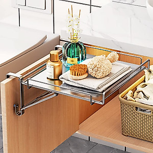 AYCWJZM Foldable Stainless Steel Door Hook Organizer & Countertop Shelf for Kitchen Cabinet Storage - Pot and Dish Rack Included. (Silver)